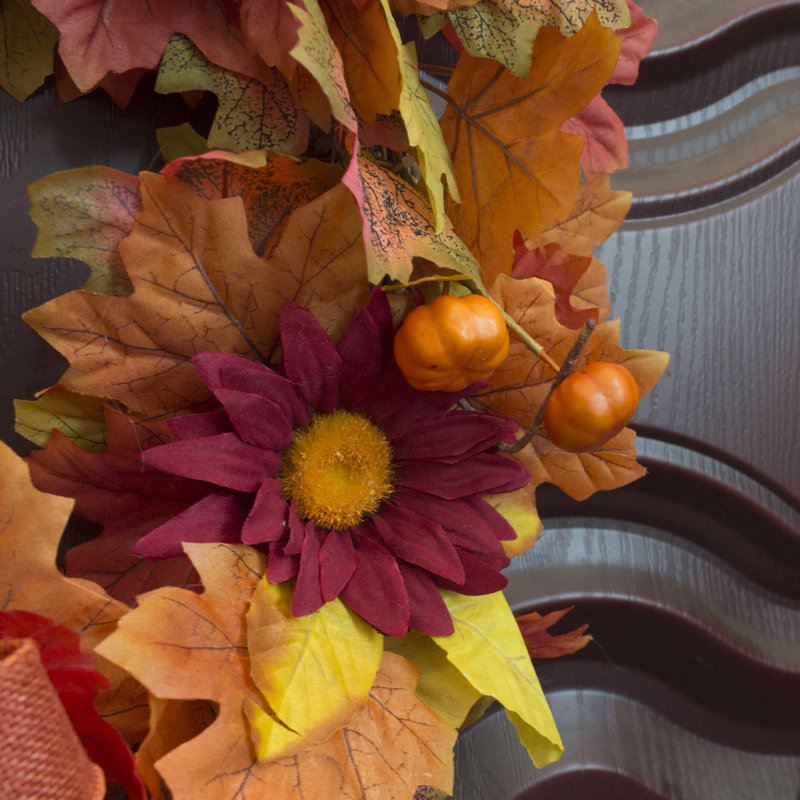 Abbie Home Ansuma 23" Orange Handmade Fall Winter Gerbera & Maple Leaf Wreath | Wayfair